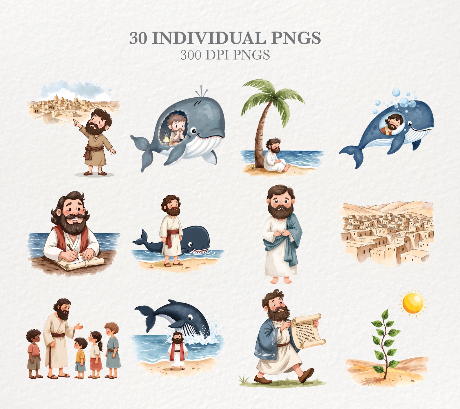 Jonah and the Whale Clipart, Cute Bible Story Illustrations, Digital ...