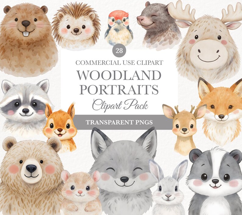 Watercolor Woodland Portraits Clipart, Cute Baby Animals, Nursery Decor ...