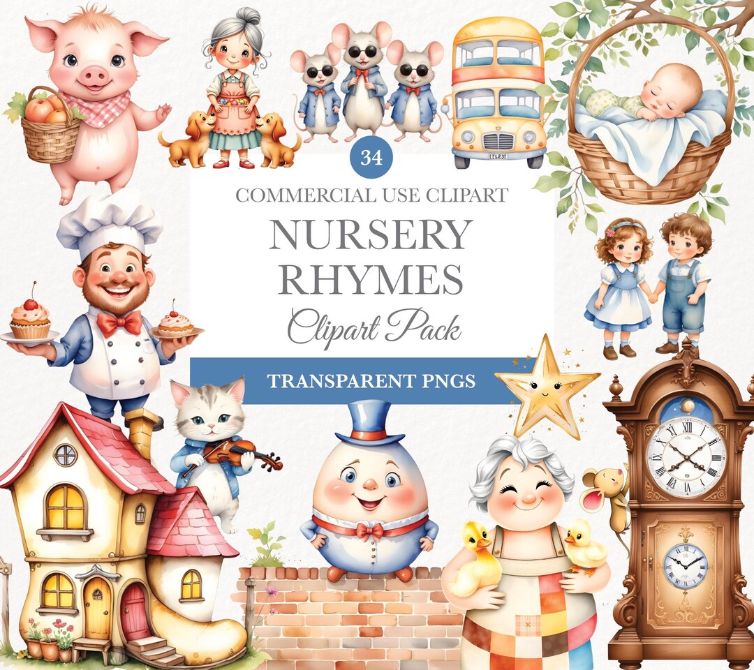Watercolor Nursery Rhyme Clipart, Fairytale Art, Nursery Decor, Nursery ...