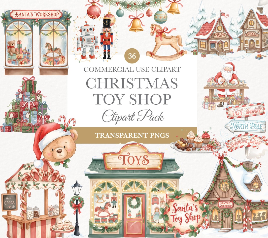 Christmas Toy Shop Clipart, Festive Holiday PNG Graphics, Vintage ...