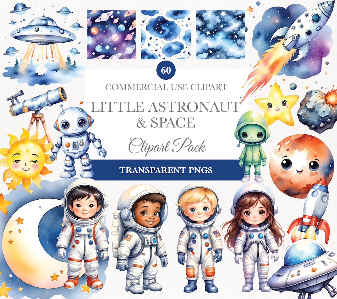 Astronaut and Space Watercolor Clipart, Cute Outerspace Clipart, Rocket ...