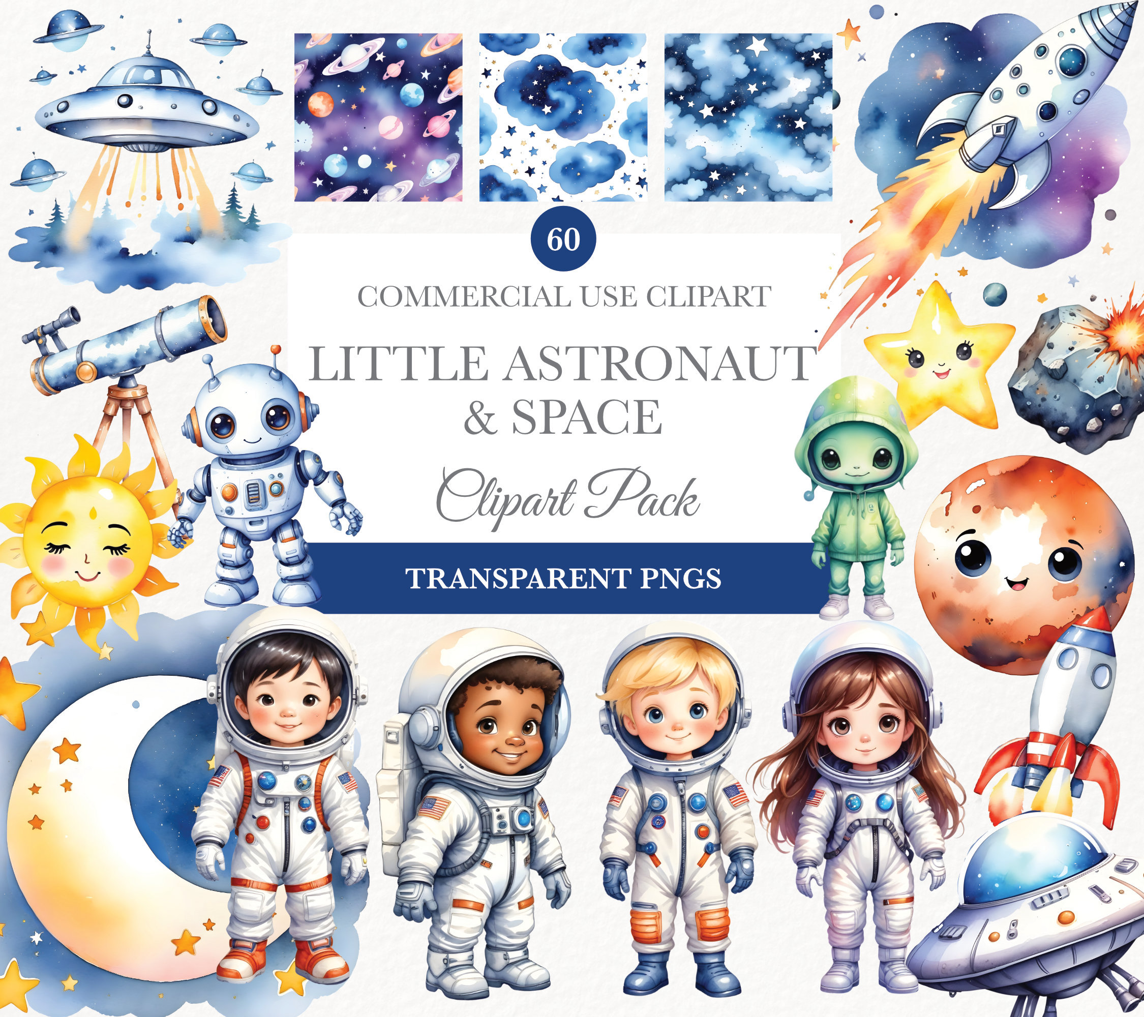 Astronaut and Space Watercolor Clipart, Cute Outerspace Clipart, Rocket ...