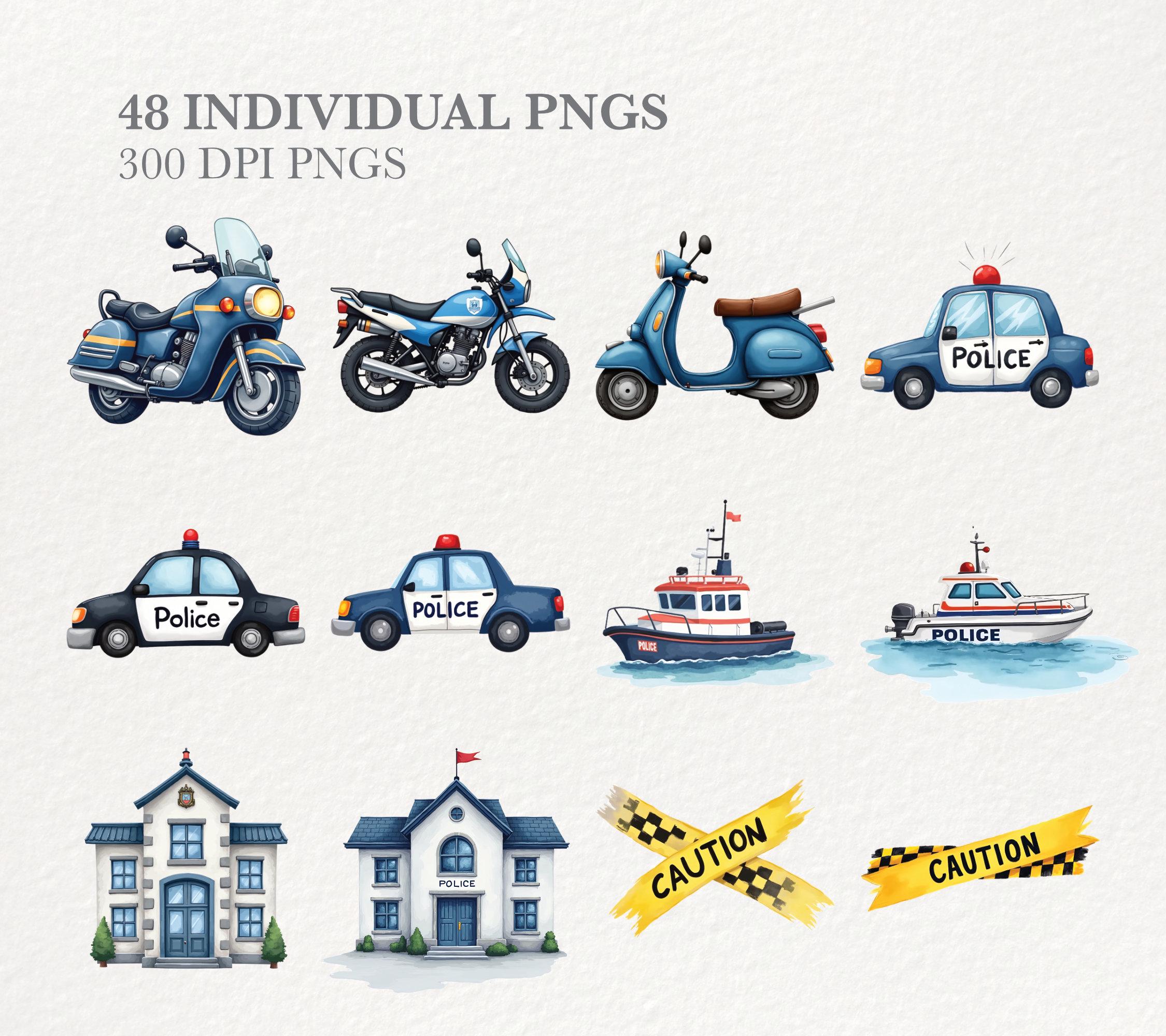 Watercolor Cute Police Clipart for Kids, Police Vehicles, Watercolor ...