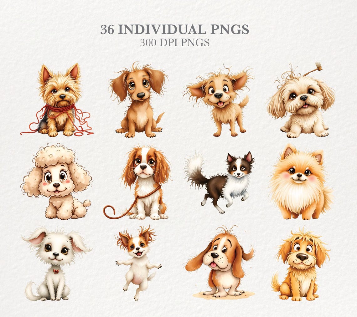 Frazzled Dog Clipart, Cute Quirky Puppy Illustrations, High-quality ...