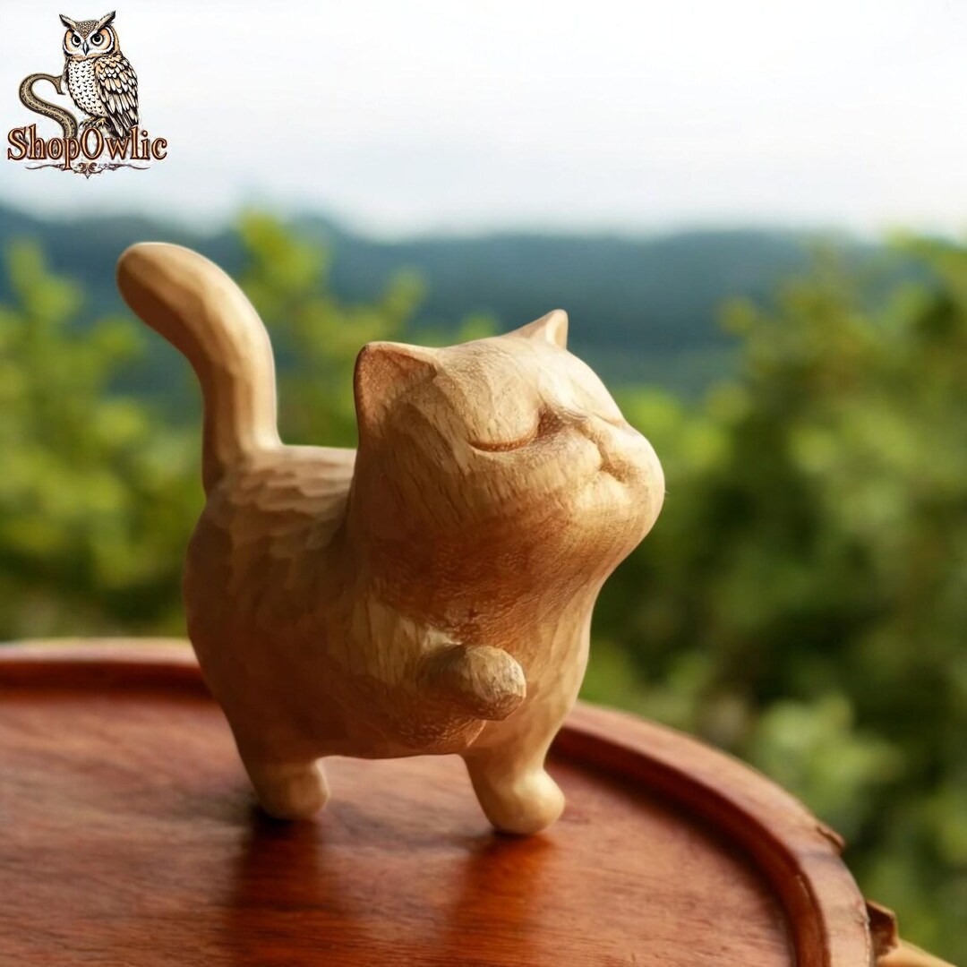 Hand-carved Wooden Cat, Wooden Cat Sculpture Collection Figurine ...