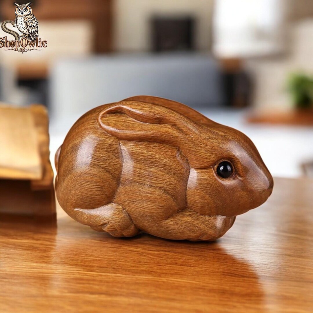 Cute Small Wooden Rabbit Figurine 1.37" Green Sandalwood Carving Zodiac ...