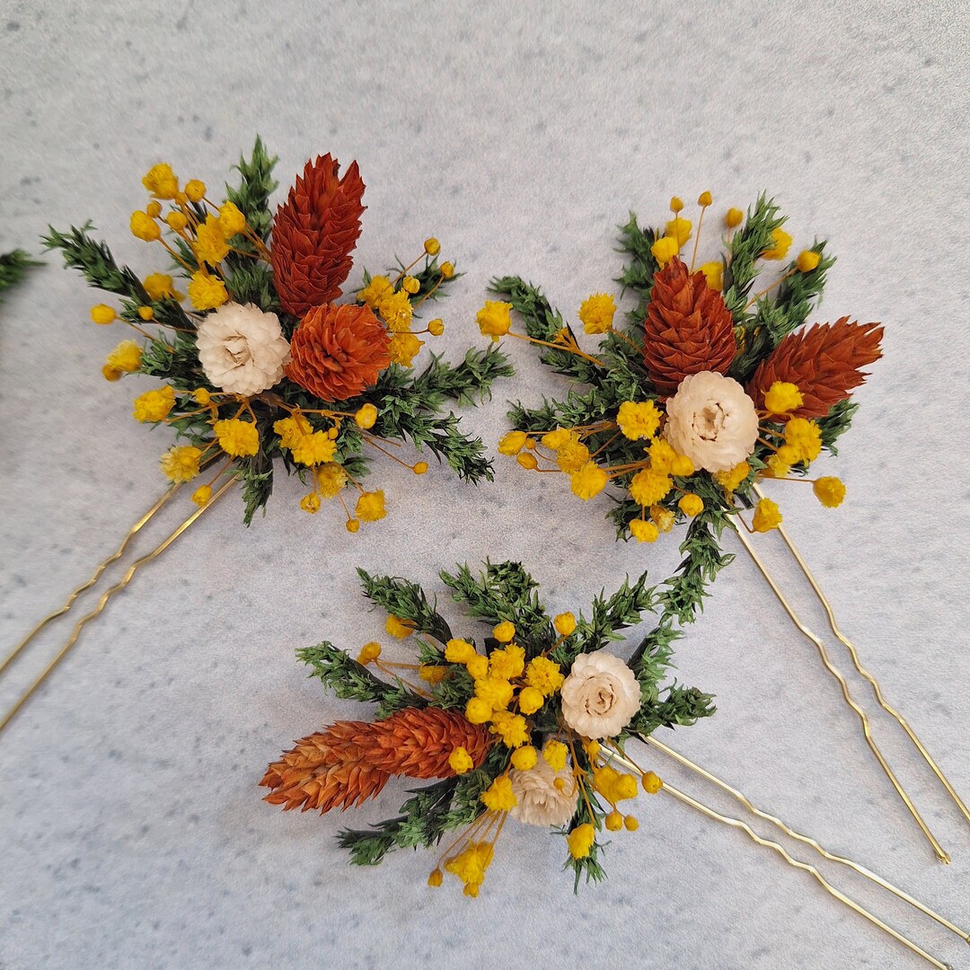 Dried Flowers Pins,autumn Flower Hair Pins,burnt Orange Wedding Flower ...