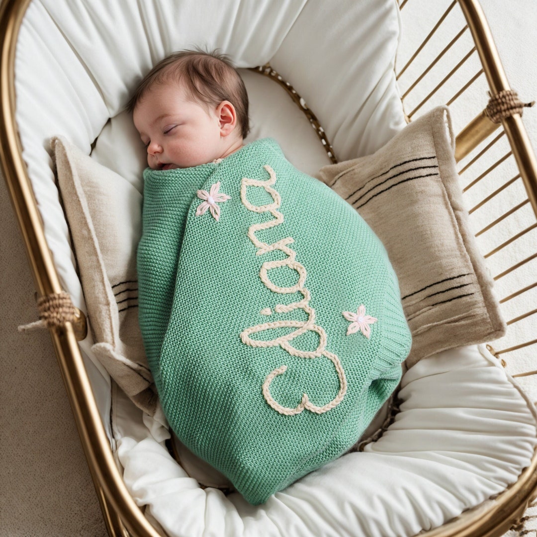 Personalized Baby Name Blanket, Hand-embroidered Knit Baby Blanket,baby ...