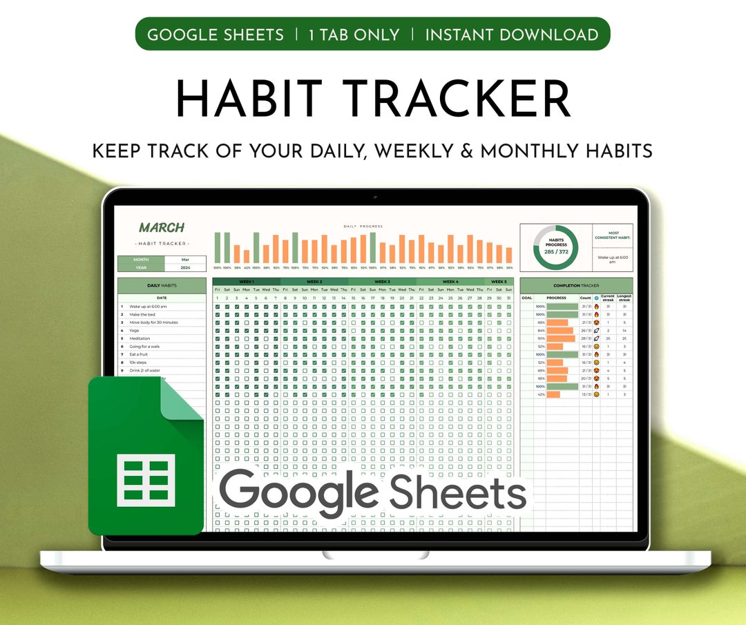 Habit Tracker Google Sheets Spreadsheet Template Daily Weekly Monthly ...