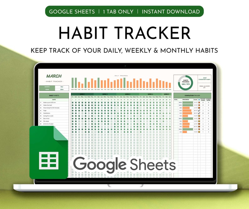 Habit Tracker Google Sheets Spreadsheet Template Daily Weekly Monthly ...