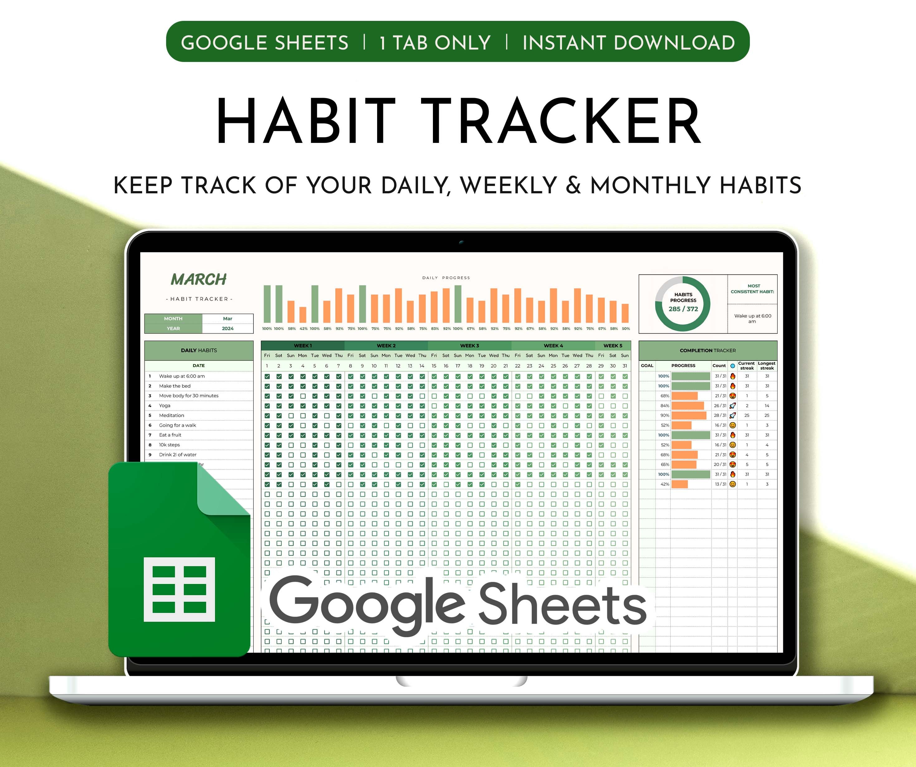 Habit Tracker Google Sheets Spreadsheet Template Daily Weekly Monthly ...