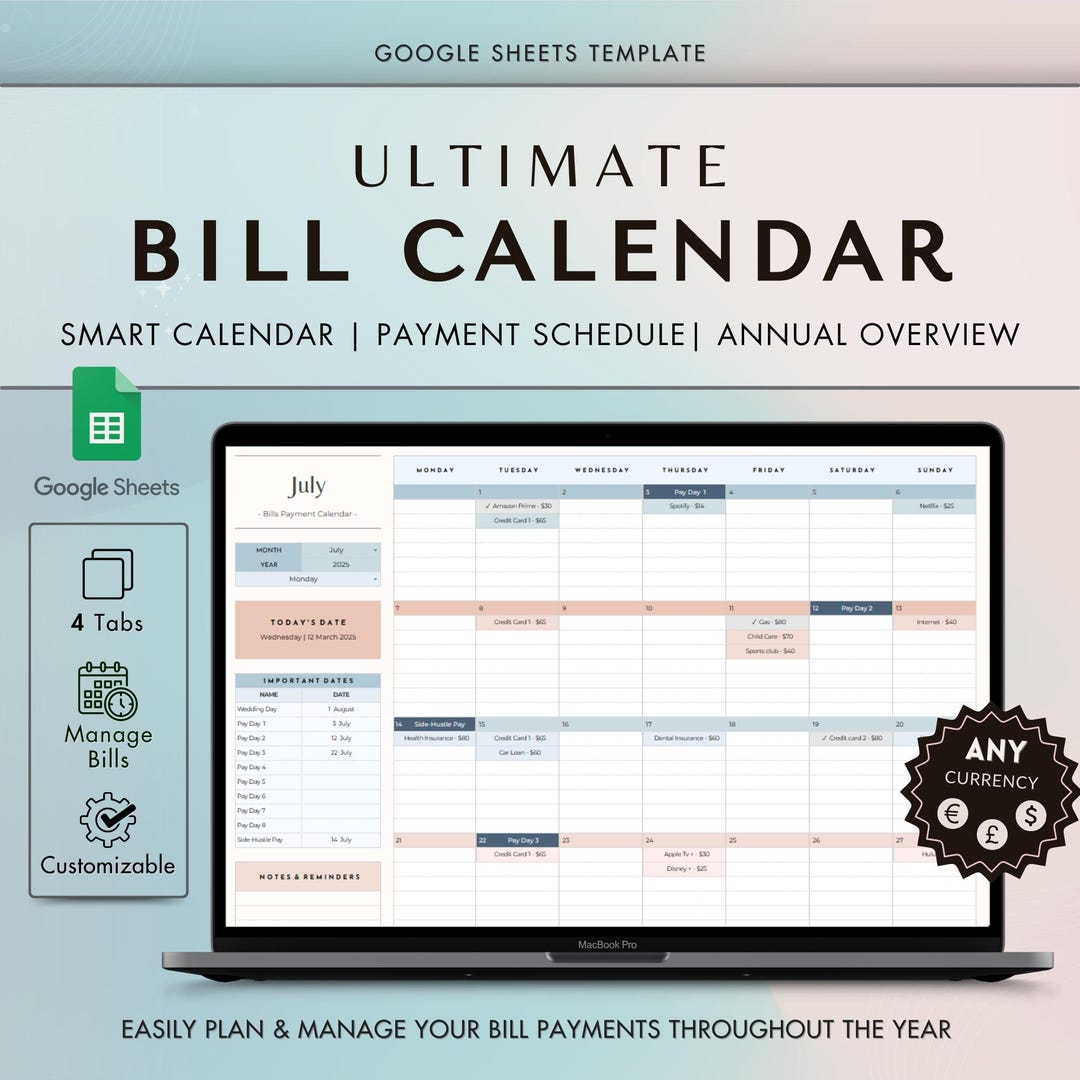 Smart Bill Calendar: Payment Tracker Spreadsheet for Google Sheets ...