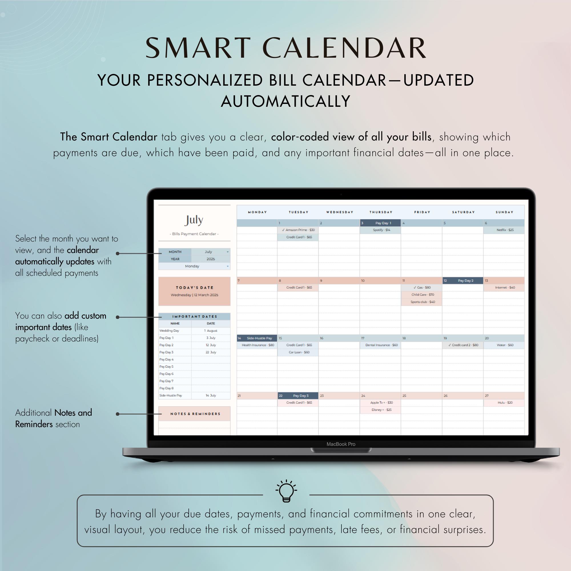 Smart Bill Calendar: Payment Tracker Spreadsheet for Google Sheets ...