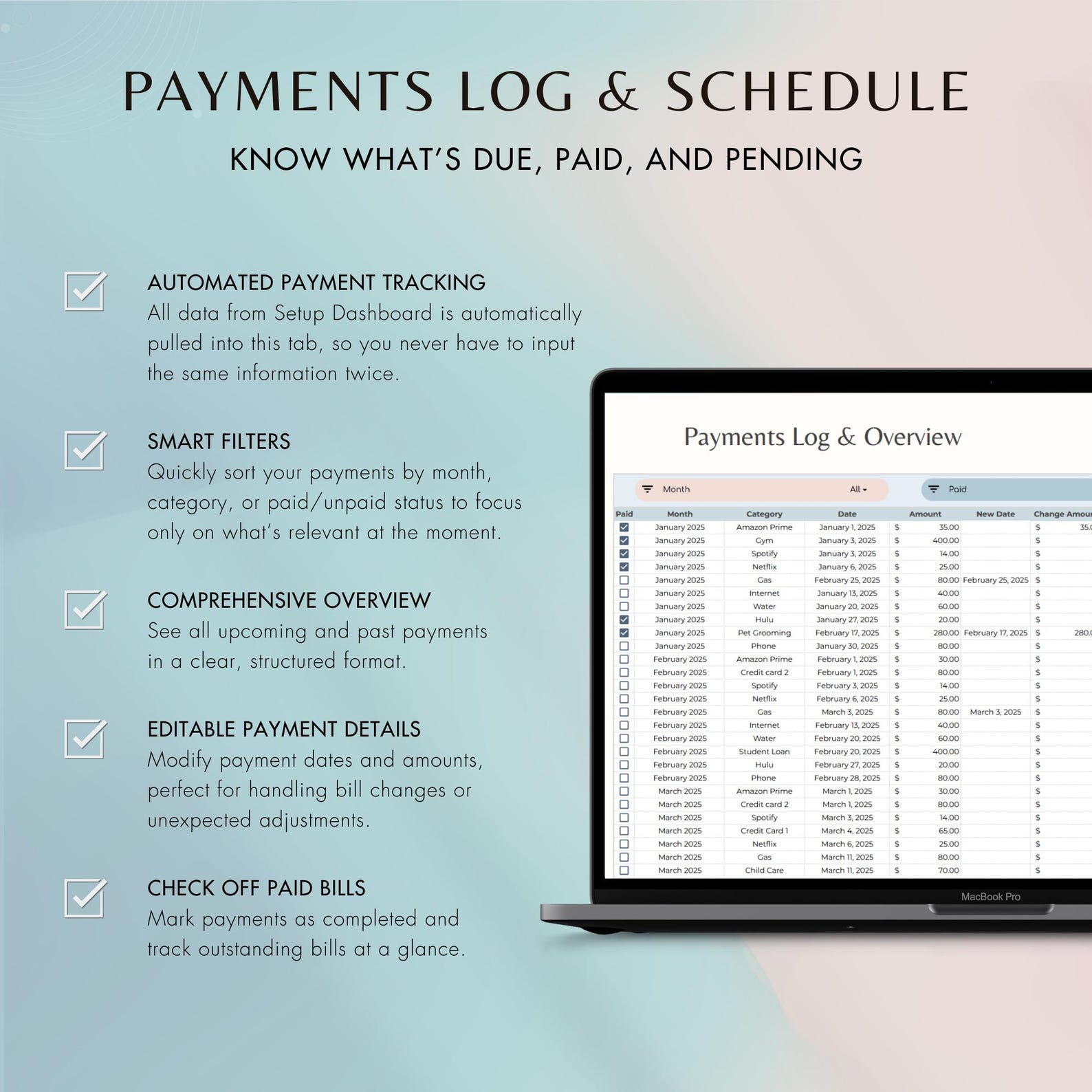 Smart Bill Calendar: Payment Tracker Spreadsheet for Google Sheets ...
