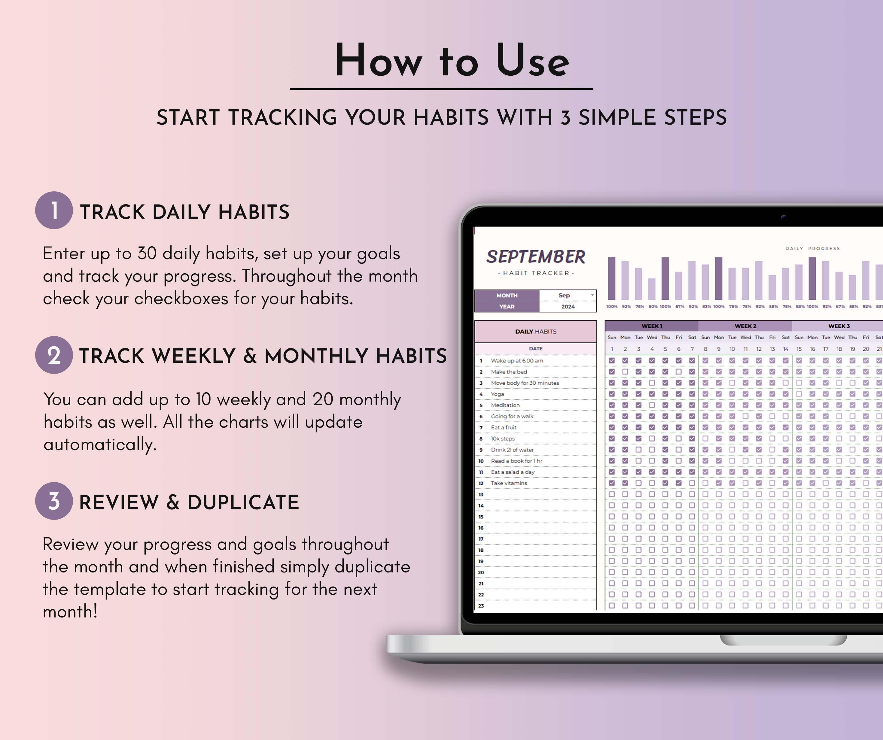 Purple Habit Tracker Spreadsheet: Daily, Weekly, Monthly (google Sheets ...