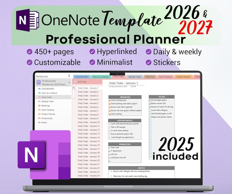 Onenote Planner 2025 2026 2027 Professional Onenote Template for ...