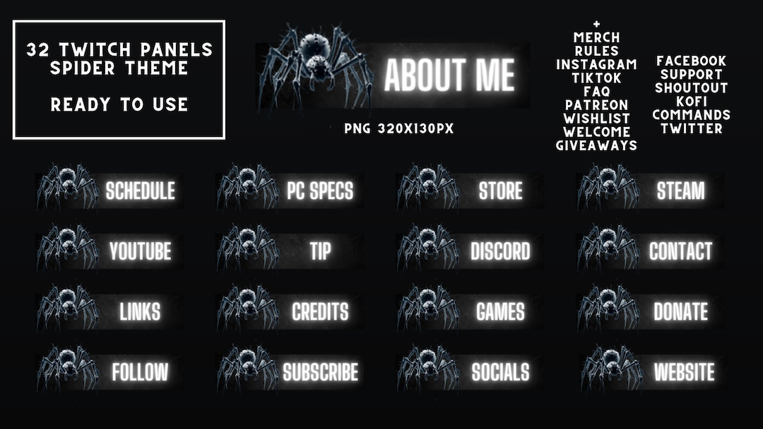 Twitch Panels With Dark Spider Design | Stream Graphics for Streamers and Gamers | Addons and ...