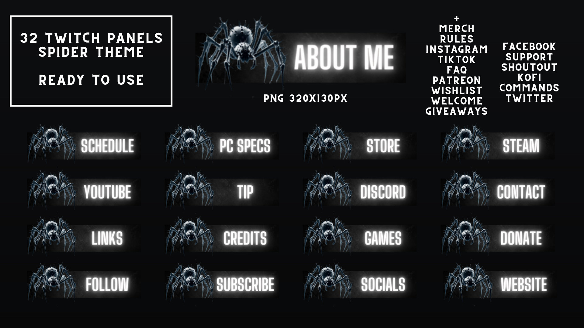 Twitch Panels With Dark Spider Design | Stream Graphics for Streamers ...