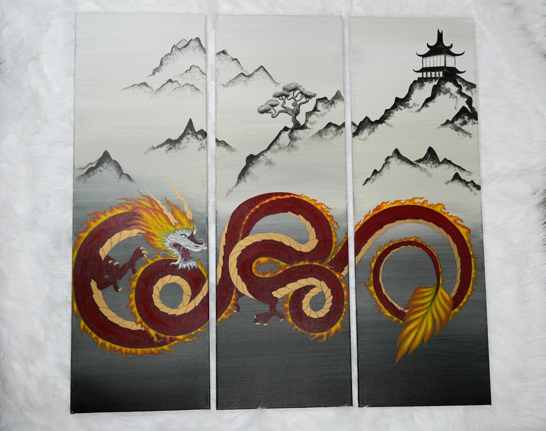 Dragon Painting Chinese Dragon Art Set of Three Paintings Vertical Canvas Triptych Wall Decor - Etsy