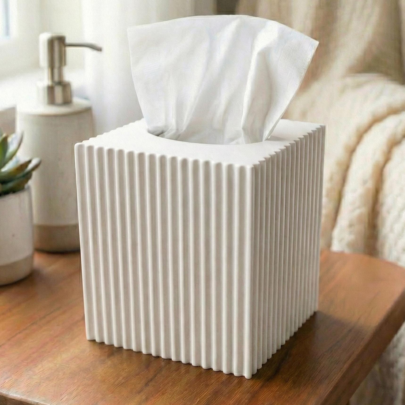 Square Tissue Box Cover: Modern Ribbed Design | 4.50 in w × 4.50 in d × ...