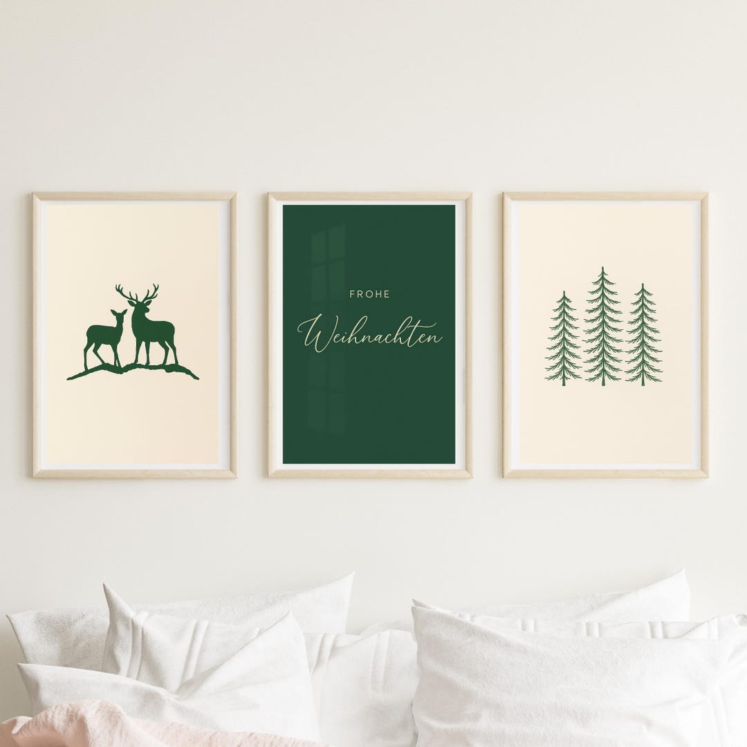 Christmas Poster Set | Dark Green Modern | Reindeer, Christmas Tree ...