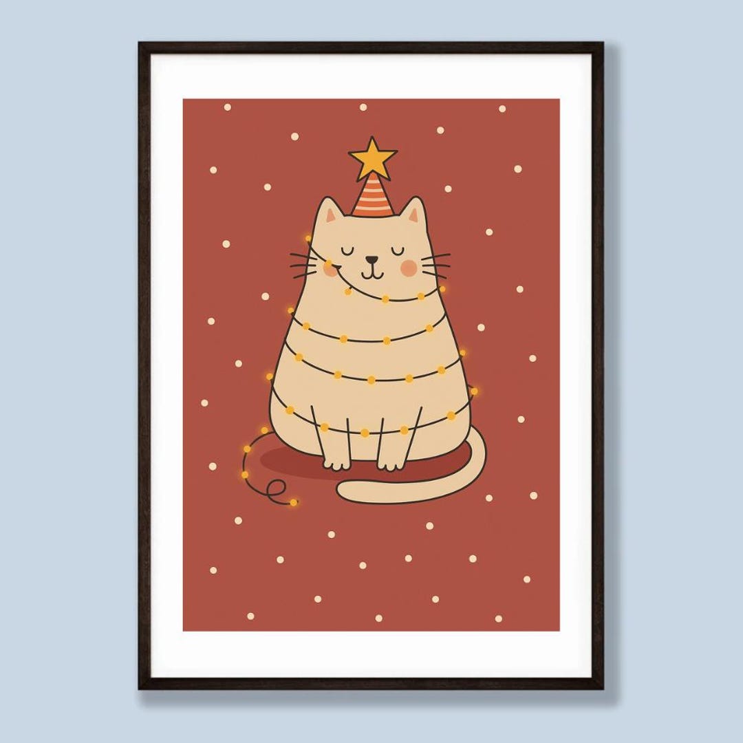 Christmas Poster Cat With Fairy Lights | Funny Christmas Picture to ...