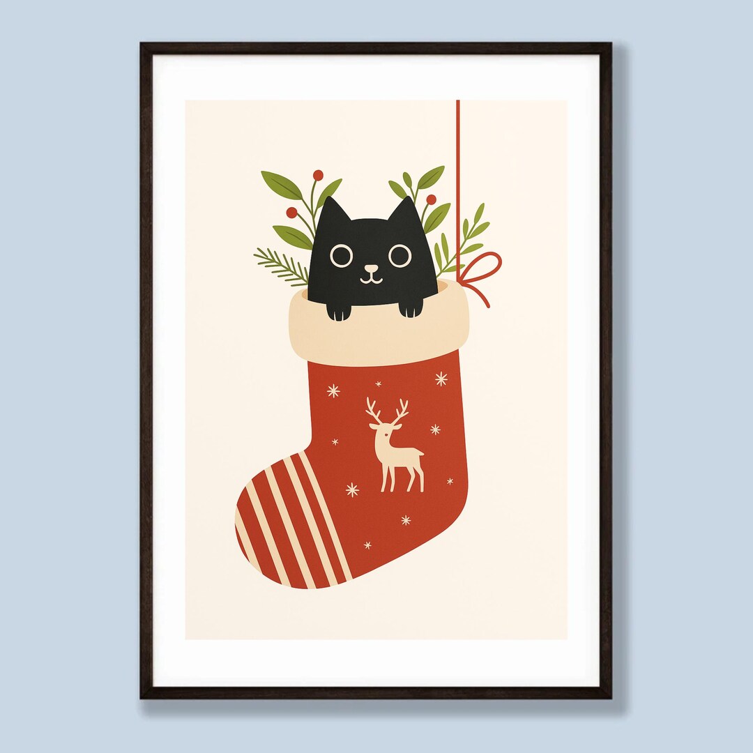 Christmas Poster Cat in Stocking | Cute Christmas Decoration Wall ...