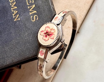 Vintage André Mouche Quartz Watch With Navy Enamel Floral Design ...