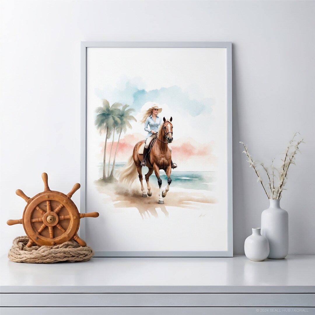 Woman Horseback Riding Poster Printable Naturalism Beach Rider Serene ...