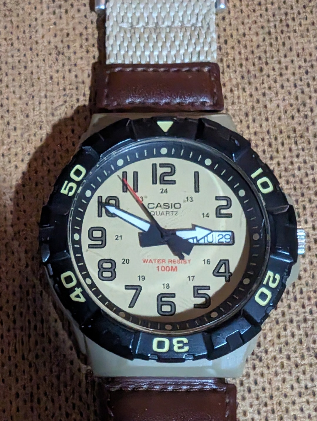 Casio Big Dial Khaki Quartz Watch With Velcro Adjustable Band and New ...