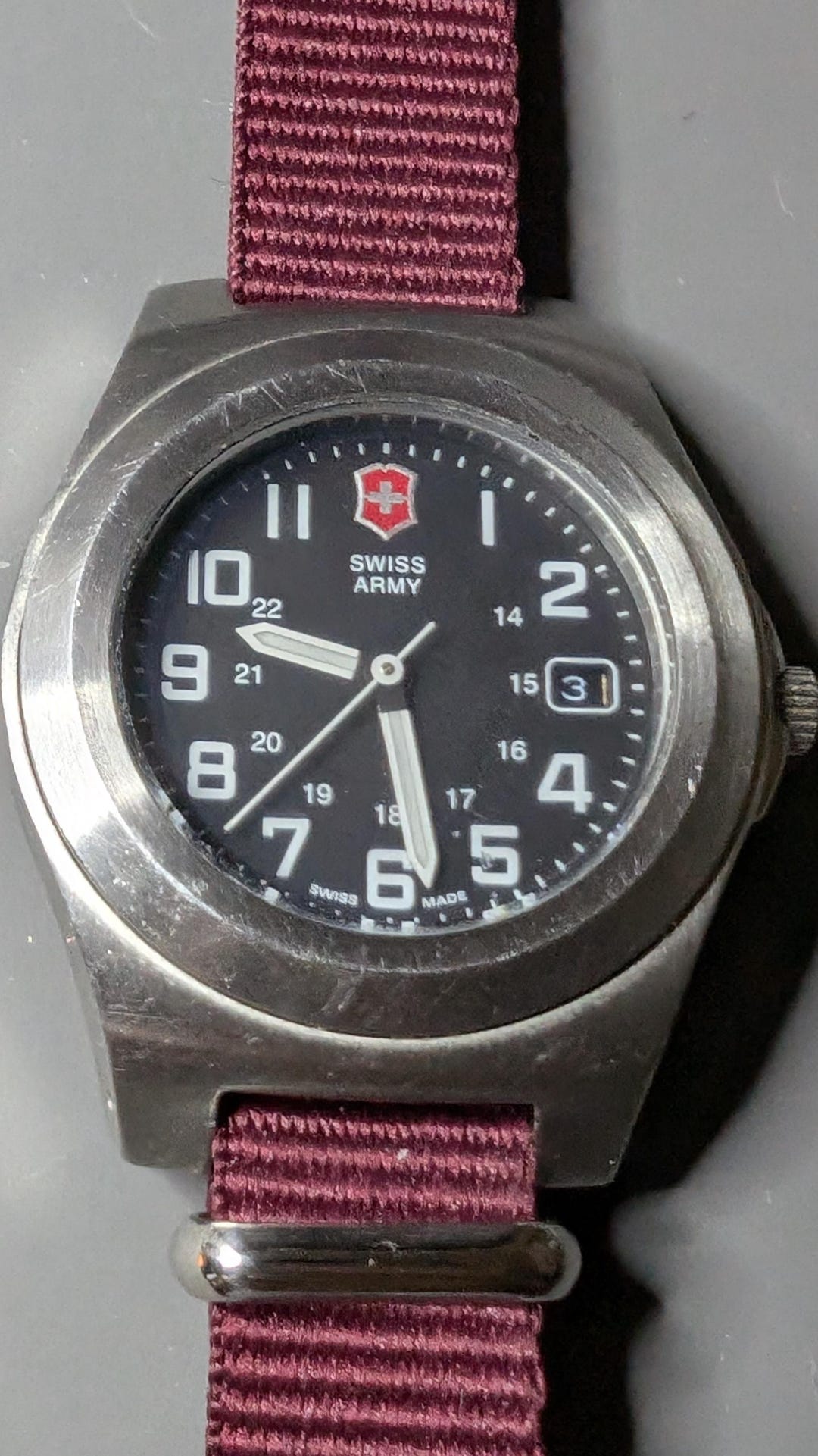 Ladies Vintage Swiss Army Watch With New Battery and New Burgundy NATO ...