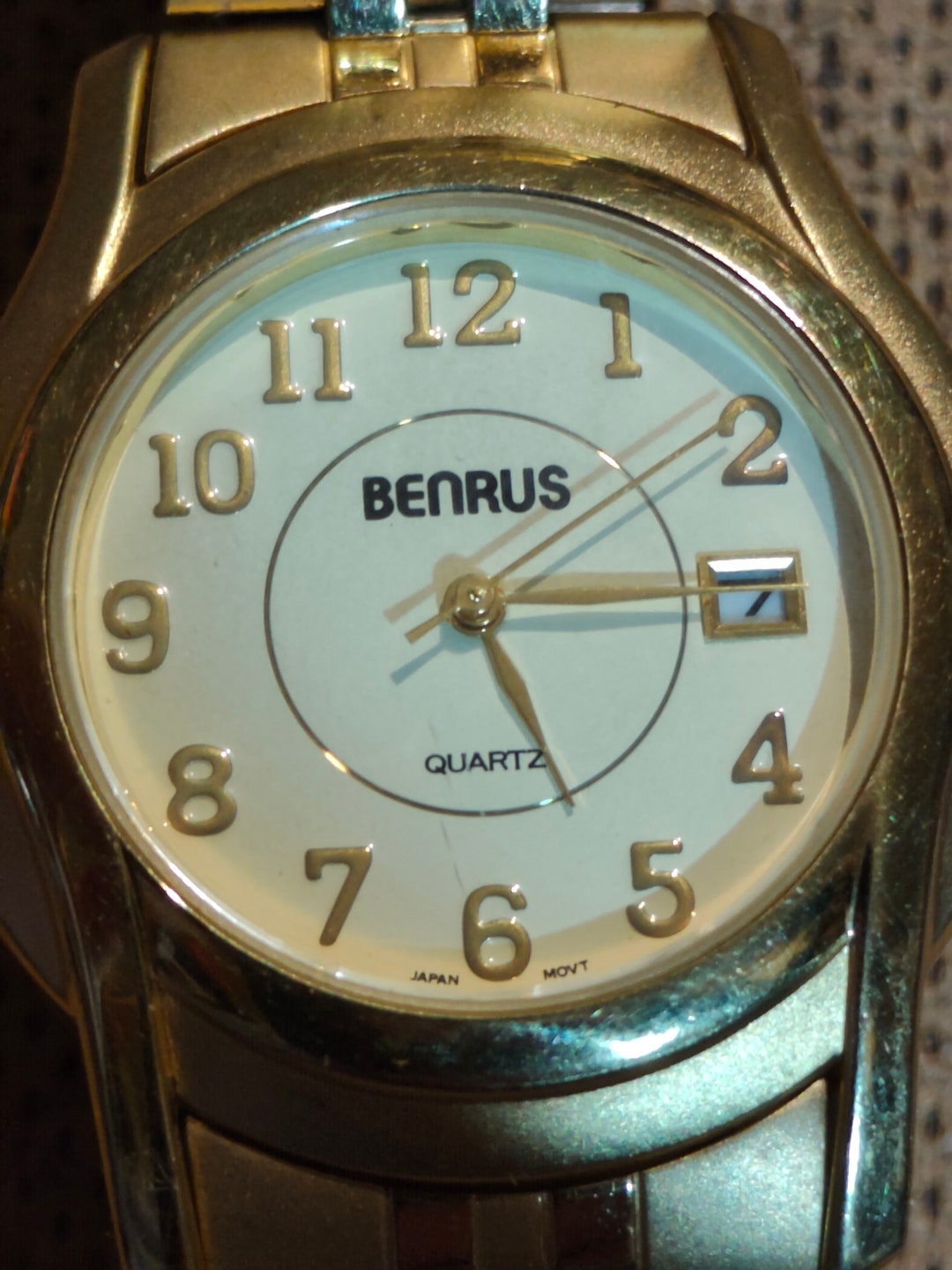 Benrus Gold Colored Quartz Watch With Gold Colored Band and Date. Has ...