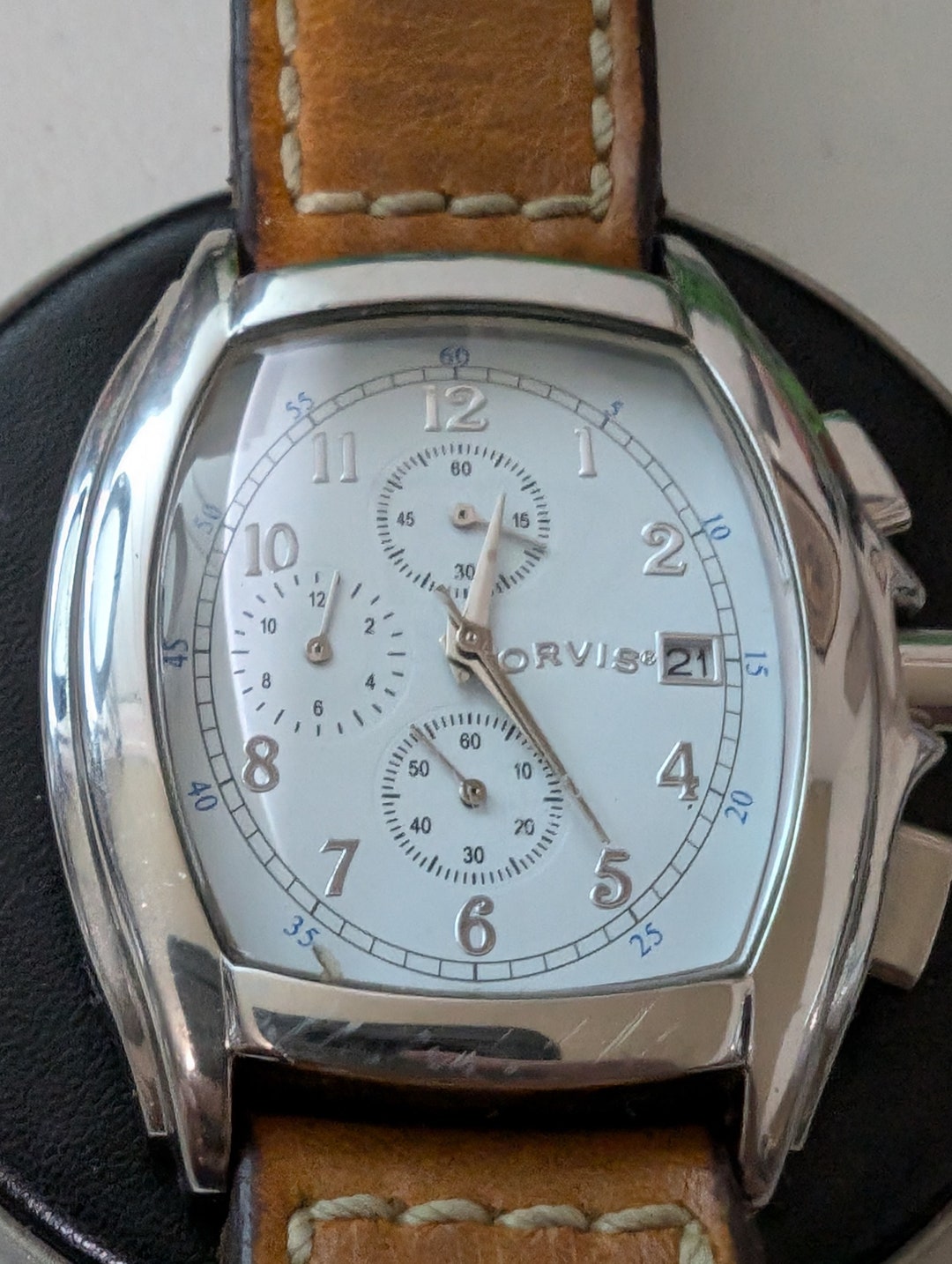 Orvis Rectangular Chronograph Watch With New Battery. Has Heavy Leather ...