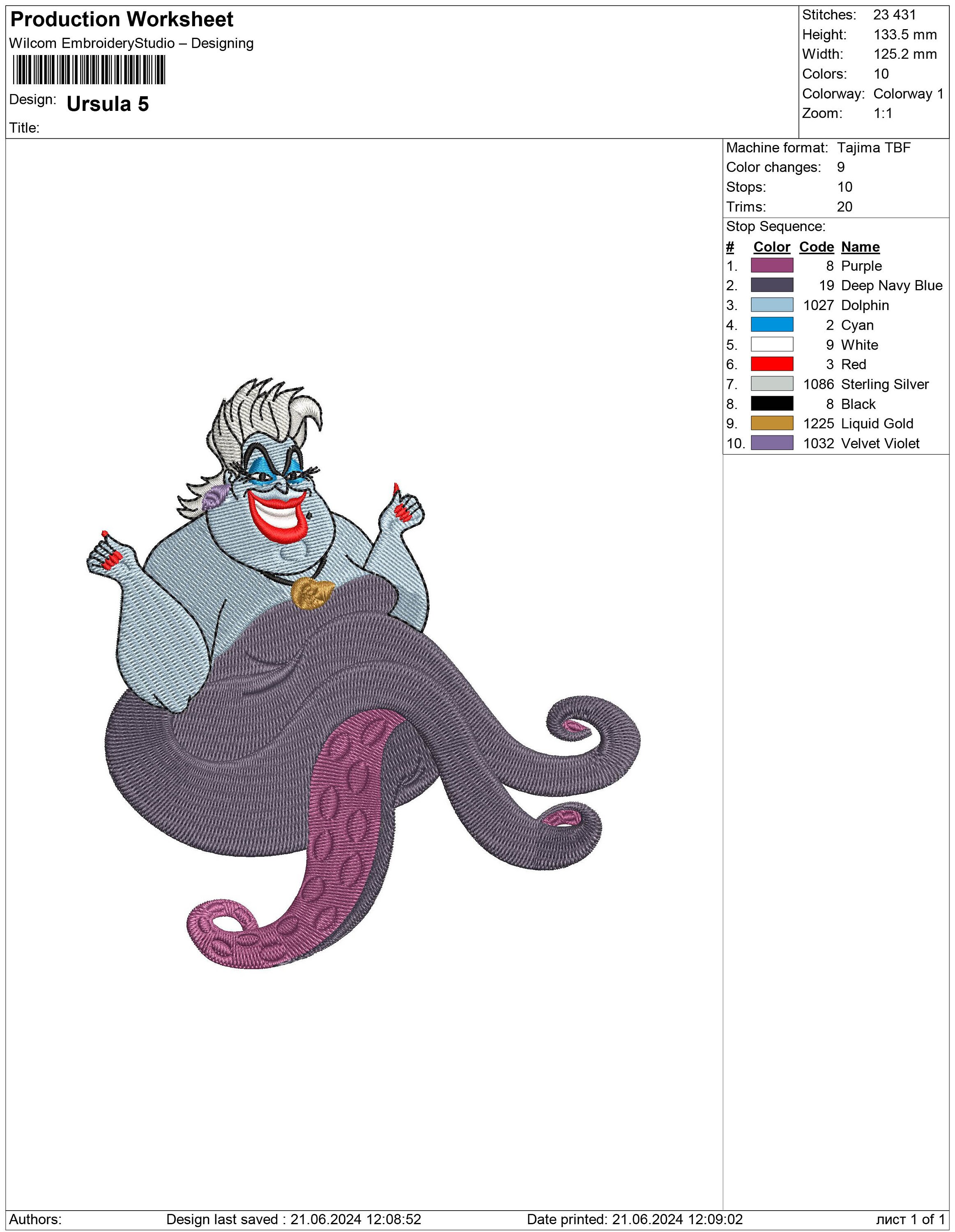 Little Mermaid Inspired. Ursula, the Sea Witch. Machine Embroidery ...