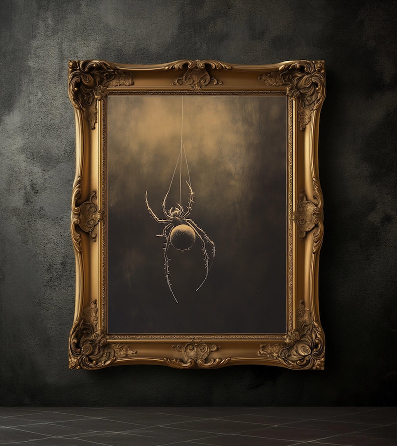 Moody Spider Dangling From a Web Print, Vintage Spider Poster, Dark ...