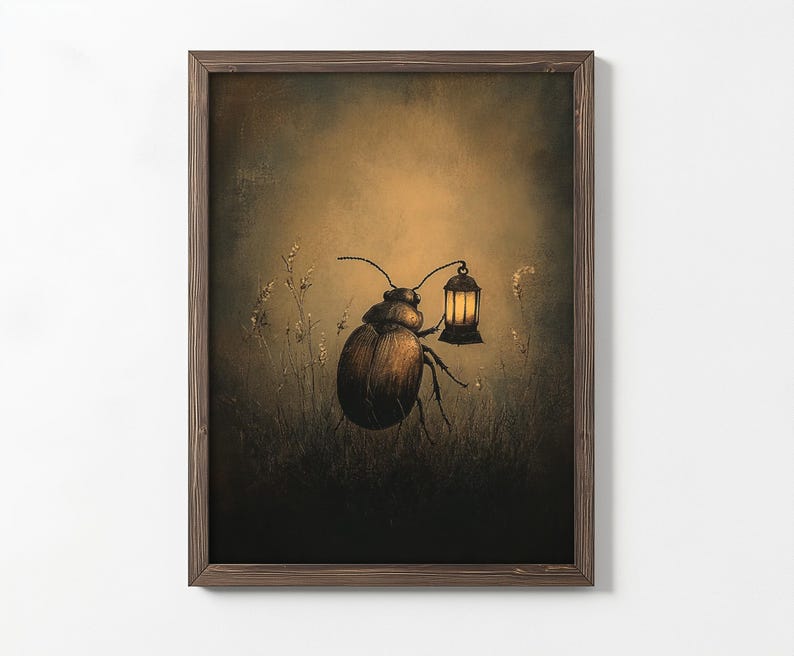 Moody Beetle With Lantern Print, Vintage Insect Poster, Dark Academia ...