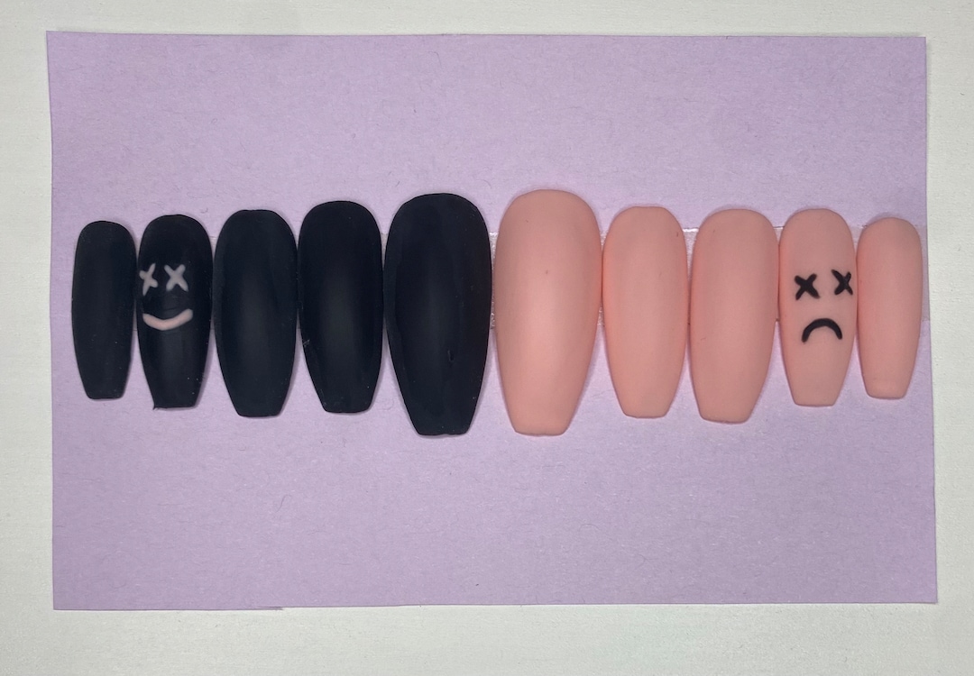 Matte Pink and Black Smiley/sad Face Press on Nails - Etsy
