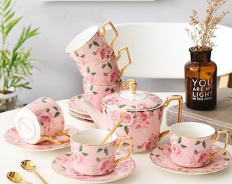 European Ceramic Tea Set, Pink Coffee Set, 1 Pot 4 Cups Saucers Set ...