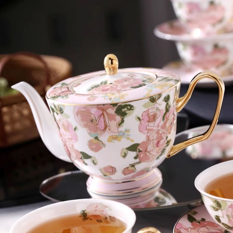 Romantic Rose Ceramic Tea Set, English Afternoon Tea Set, Pink Ceramic ...