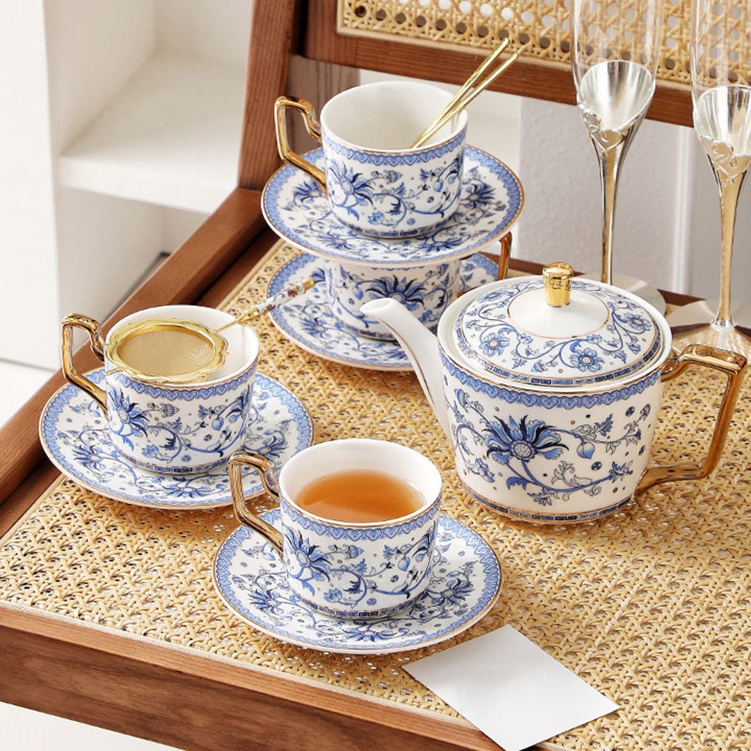 Blue and White Ceramic Coffee Set, Retro Ceramic Tea Set, 1 Pot and 4 ...