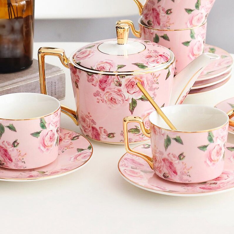 Pink Flower Ceramic Tea Set, Ceramic Coffee Set, 1 Pot 4 Cups Saucer ...