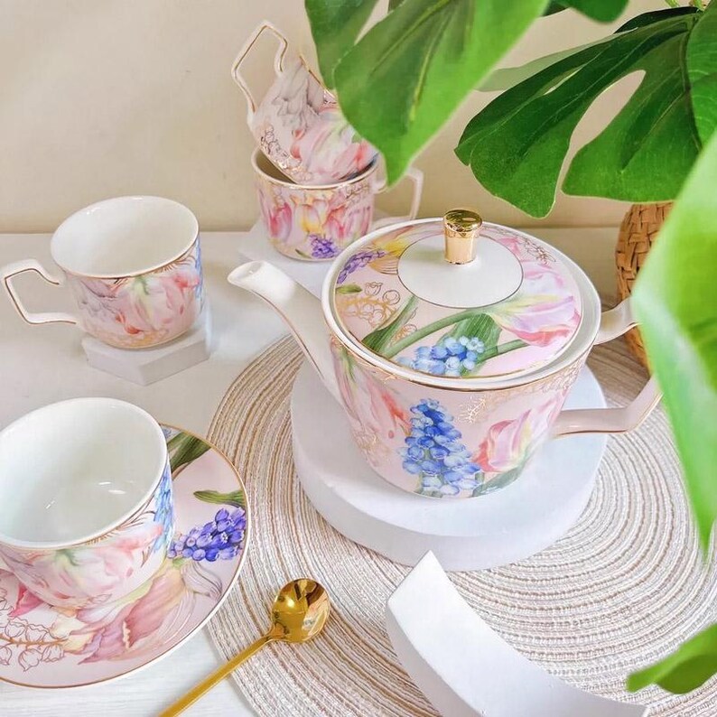 Pink Ceramic Tea Set, Tulip Afternoon Tea Set, Ceramic Coffee Set ...