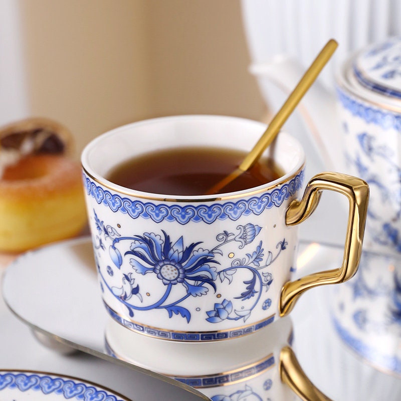 Blue and White Ceramic Coffee Set, Retro Ceramic Tea Set, 1 Pot and 4 ...