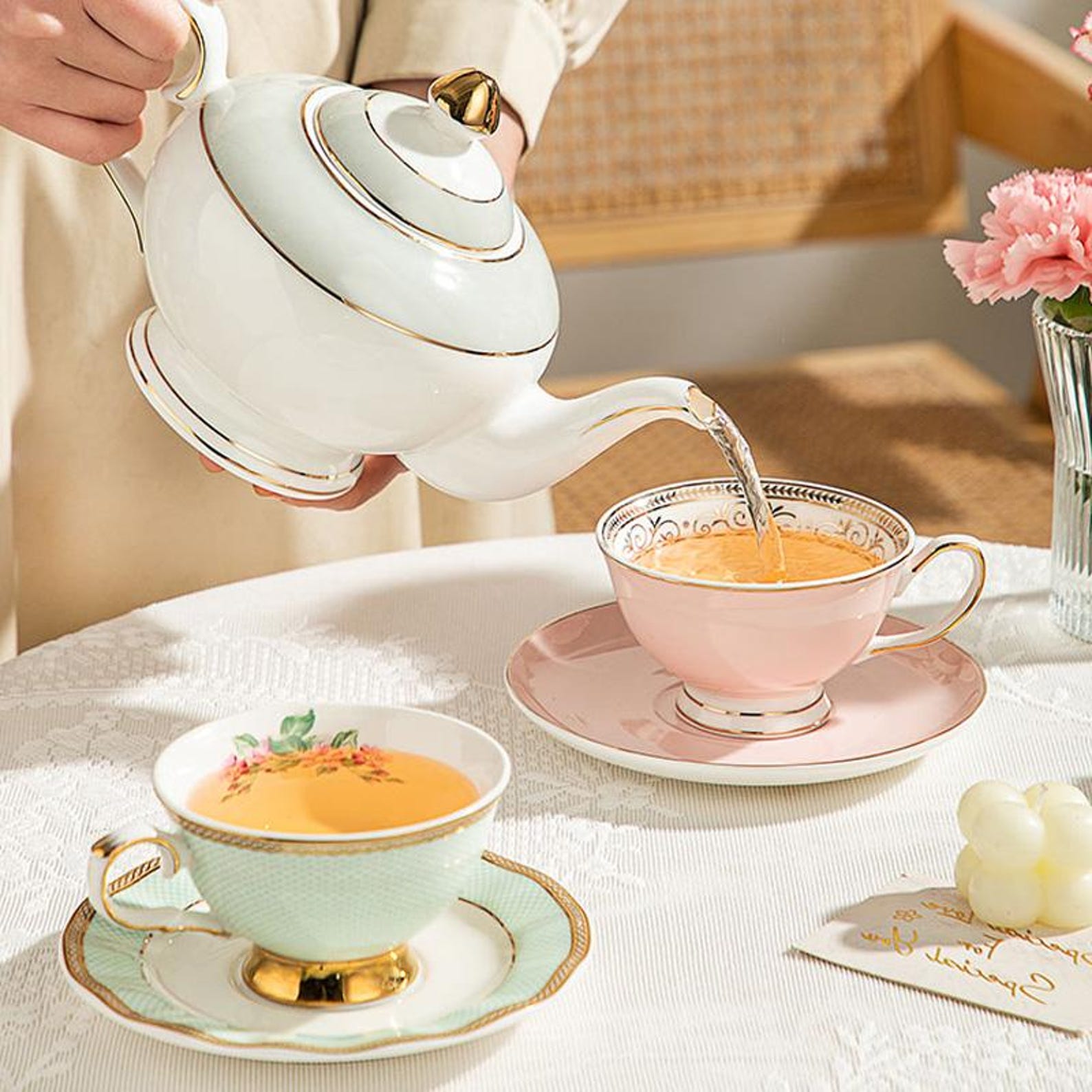 European Ceramic Tea Set, 1 Pot 4 Cups Saucers Tea Set Coffee Set, Flower Teapot Set, Afternoon ...