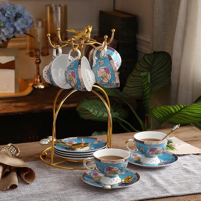 Blue Floral Porcelain Tea Set, Personalized Coffee Set, Vintage Teapot ...