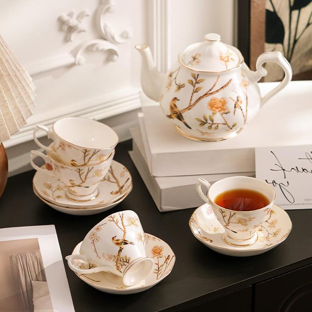 European Ceramic Tea Set, 1 Pot 4 Cups Saucers Set, Afternoon Tea Set ...