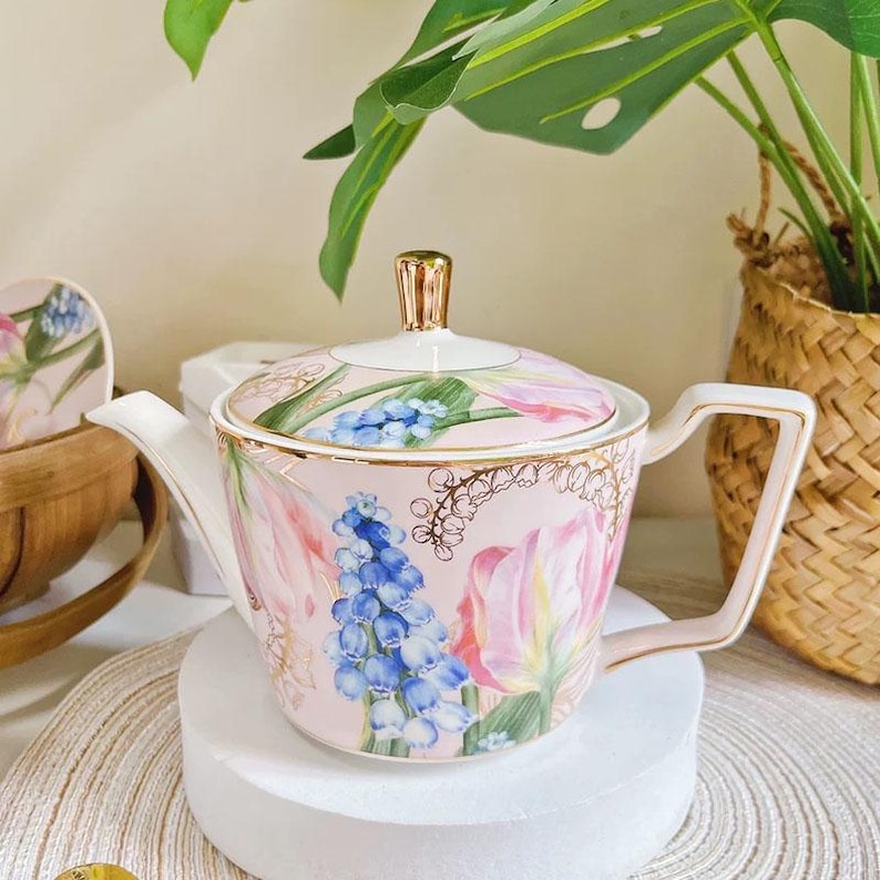 Pink Ceramic Tea Set, Tulip Afternoon Tea Set, Ceramic Coffee Set, Flower Teapot Set, Black Tea ...