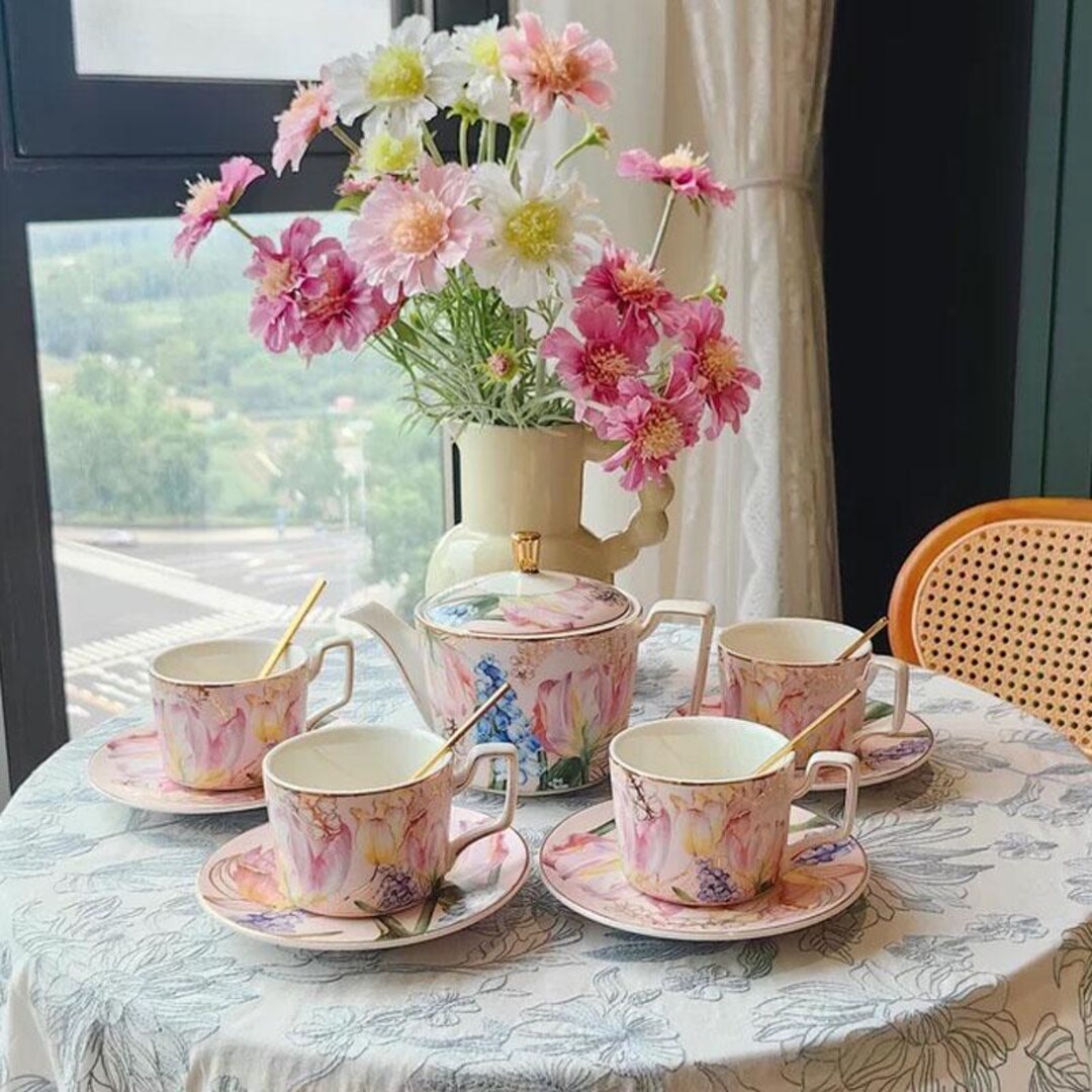 Pink Ceramic Tea Set, Tulip Afternoon Tea Set, Ceramic Coffee Set ...