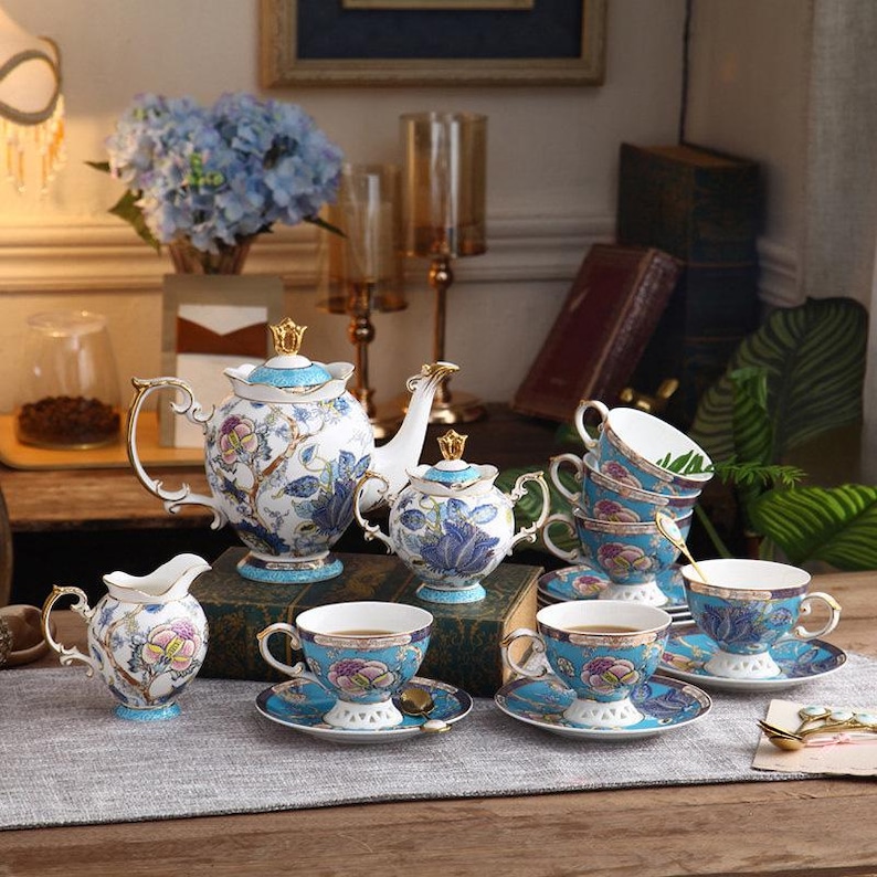 Blue Floral Porcelain Tea Set, Personalized Coffee Set, Vintage Teapot ...