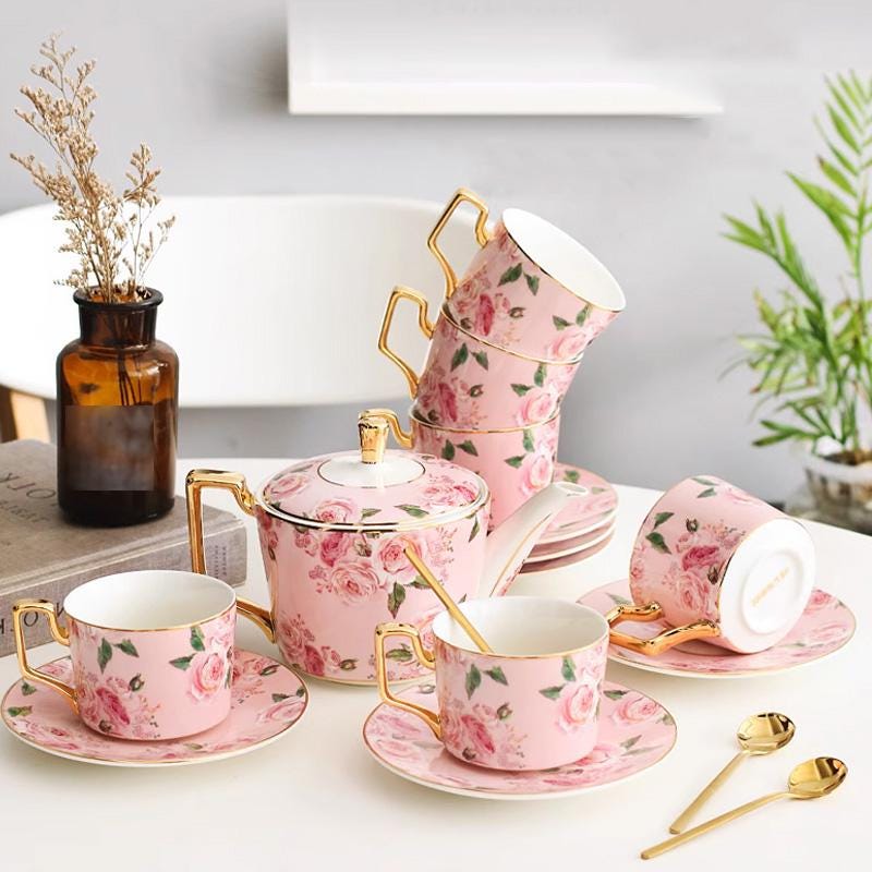 Pink Flower Ceramic Tea Set, Ceramic Coffee Set, 1 Pot 4 Cups Saucer ...